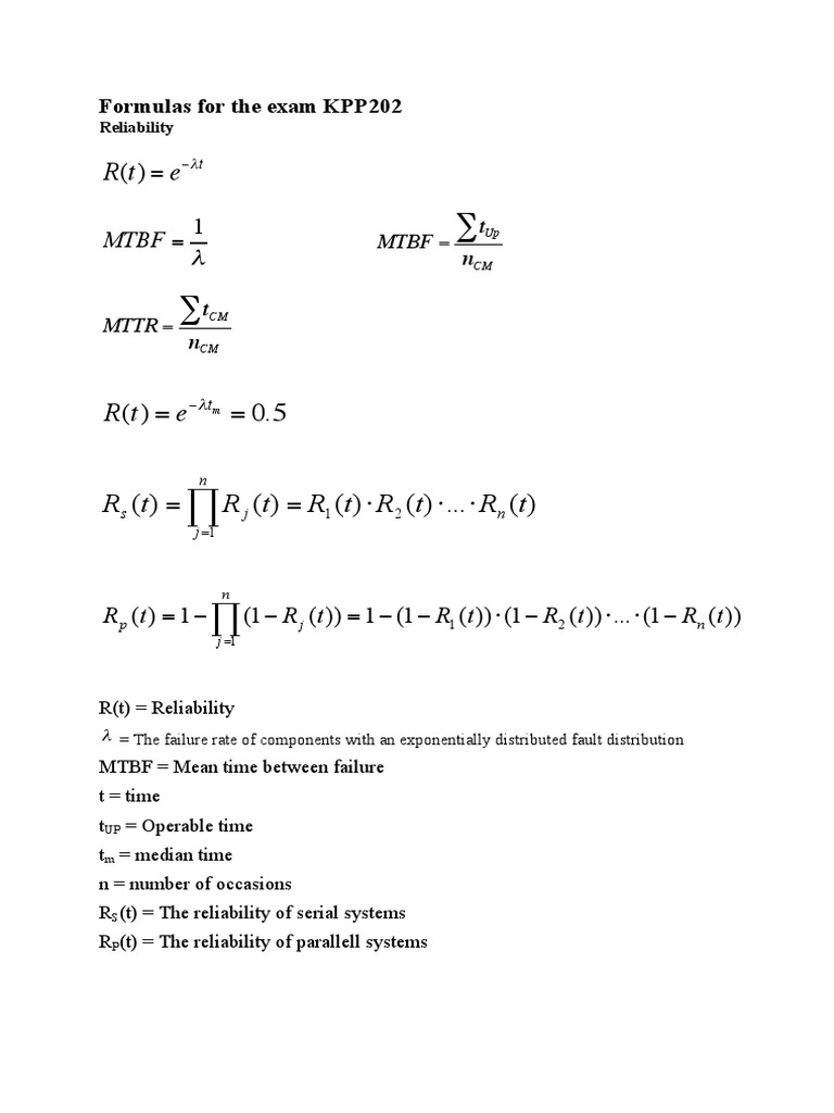 MTBF : Formulas For The Exam KPP202 | PDF | Systems Theory | Software ...