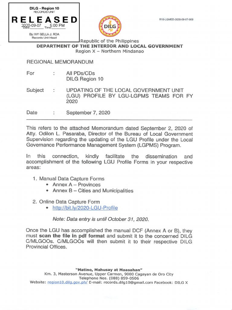 Regional Memo - SGLG LGPMS LGU Profile - DCF PDF | PDF