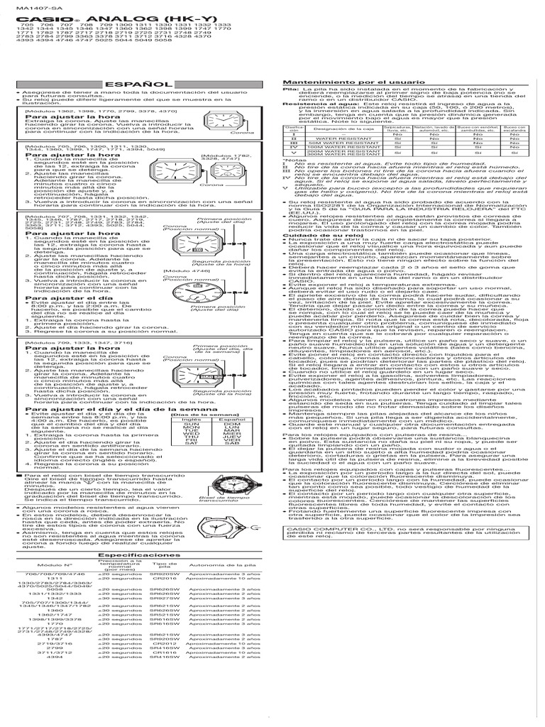 Manual del Reloj Casio 5058 | PDF | Reloj | Física Aplicada e ...