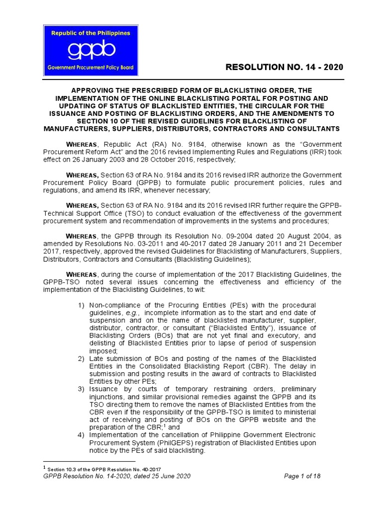 GPPB Resolution No. 14-2020 PDF | PDF | Government Information | Business