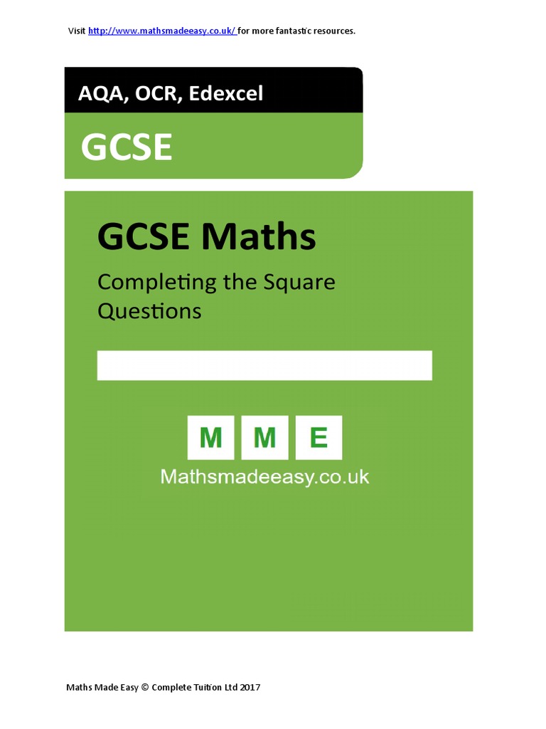 GCSE Maths Revision Completing The Square Questions | PDF