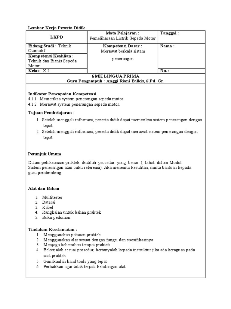 LKPD Pemeliharaan Listrik Motor | PDF