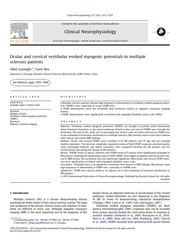 cVEMP y oVEMP en ESCLEROSIS MULTIPLE | PDF | Brainstem | Magnetic ...