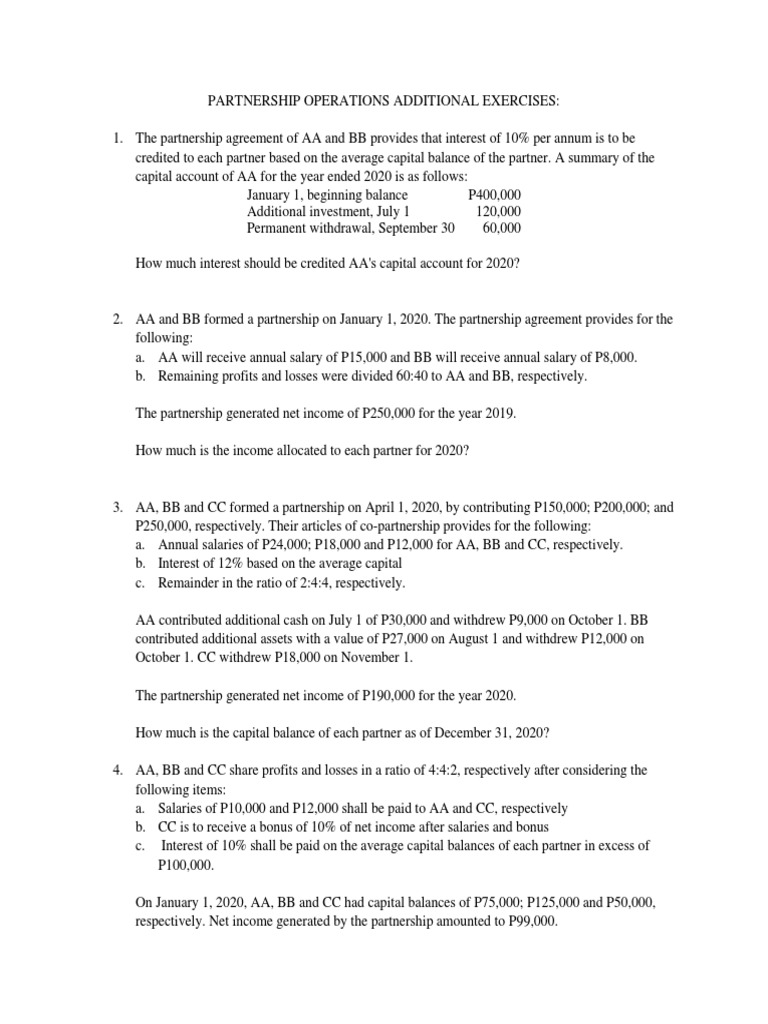 Acccob1 Partnership Operations Additional Exercises | PDF | Partnership | Interest
