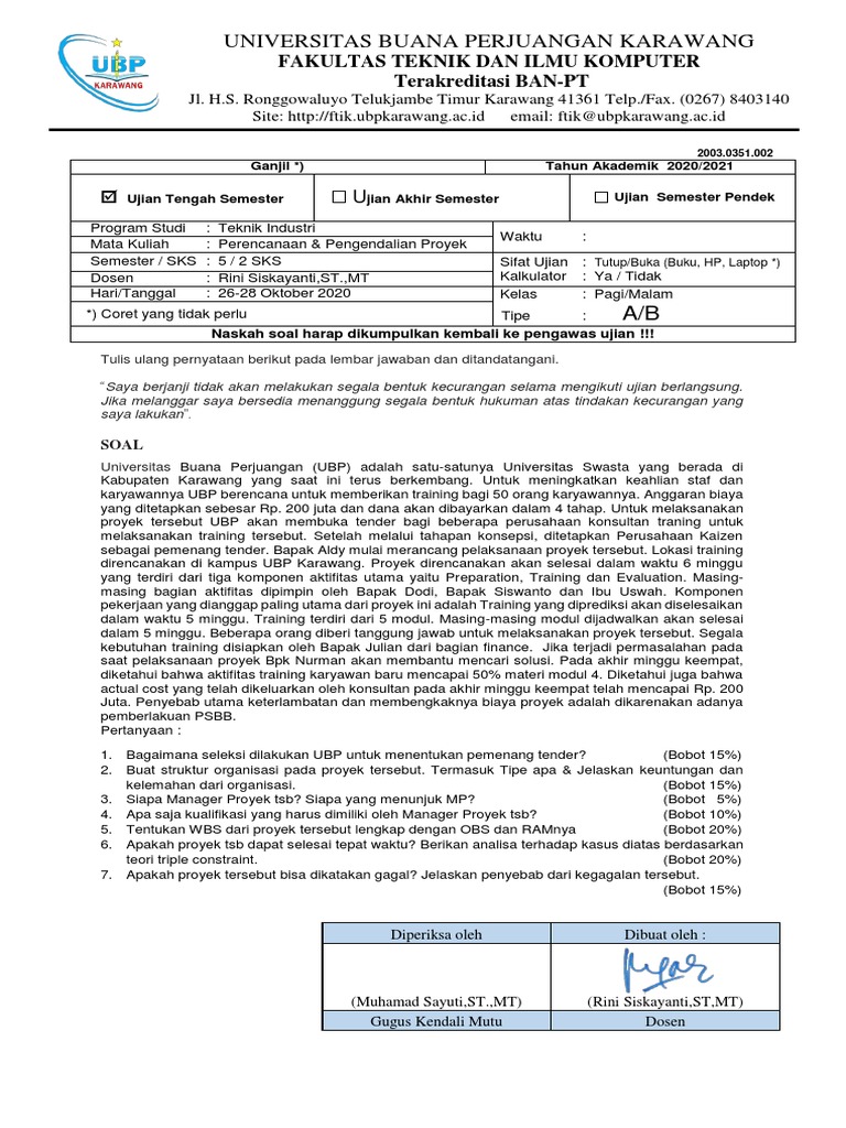 Soal Uts PP Proyek Rini S - Ganjil 2020 | PDF