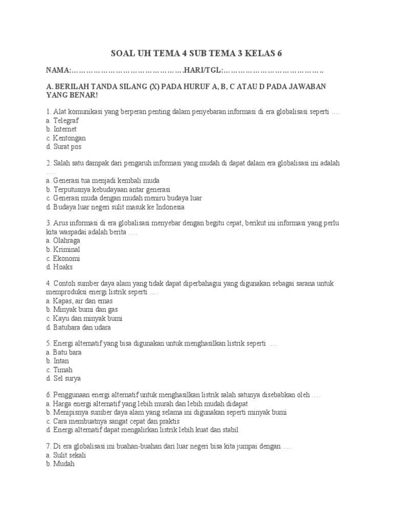 Soal Uh Tema 4 Sub Tema 3 Kelas 6 | PDF