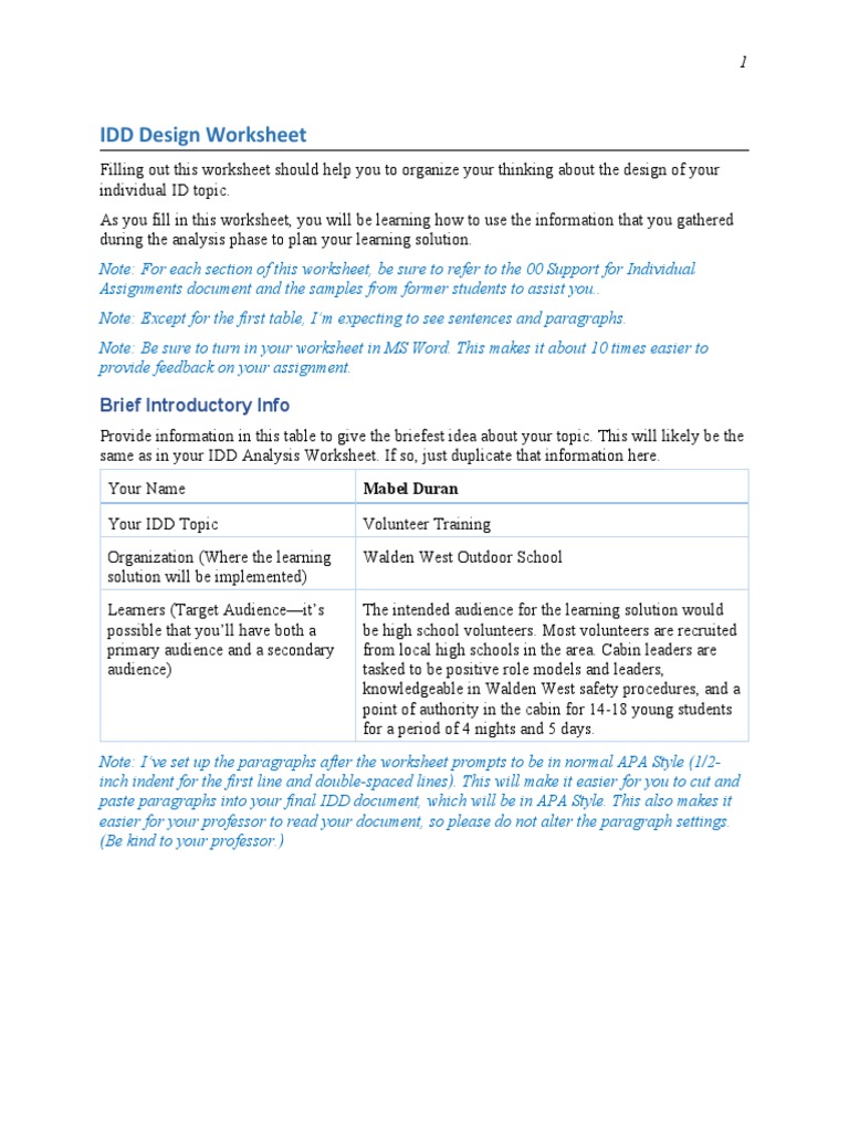 Duran Mabel 06 Idd Design Worksheet | PDF | Reading Comprehension | Learning