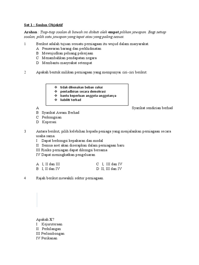 Soalan Objektif Set 1 Dan Skema | PDF