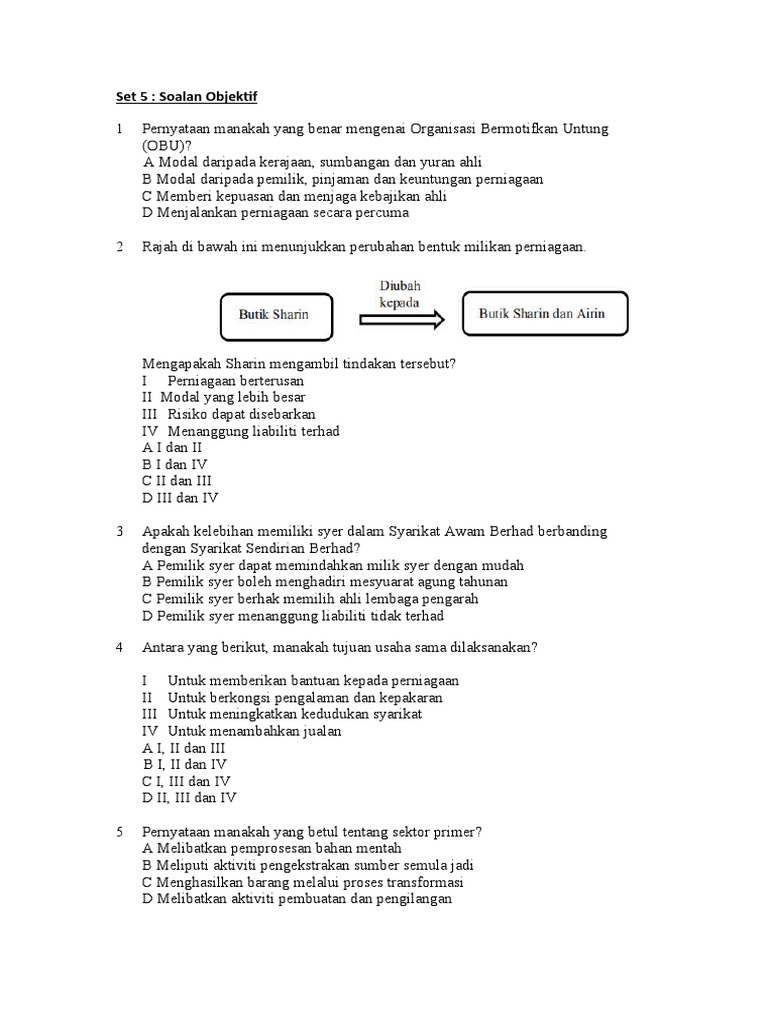 Soalan Objektif Set 5 Dan Skema | PDF