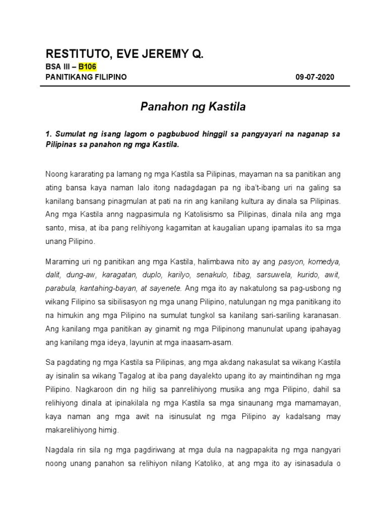 Restituto - B106 - Panitikan - Exercise3 | PDF
