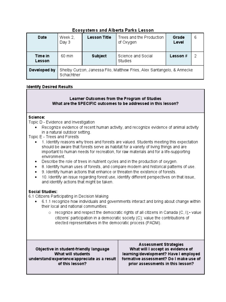 Trees and Oxygen Production Lesson Plan | PDF | Lesson Plan | Teachers