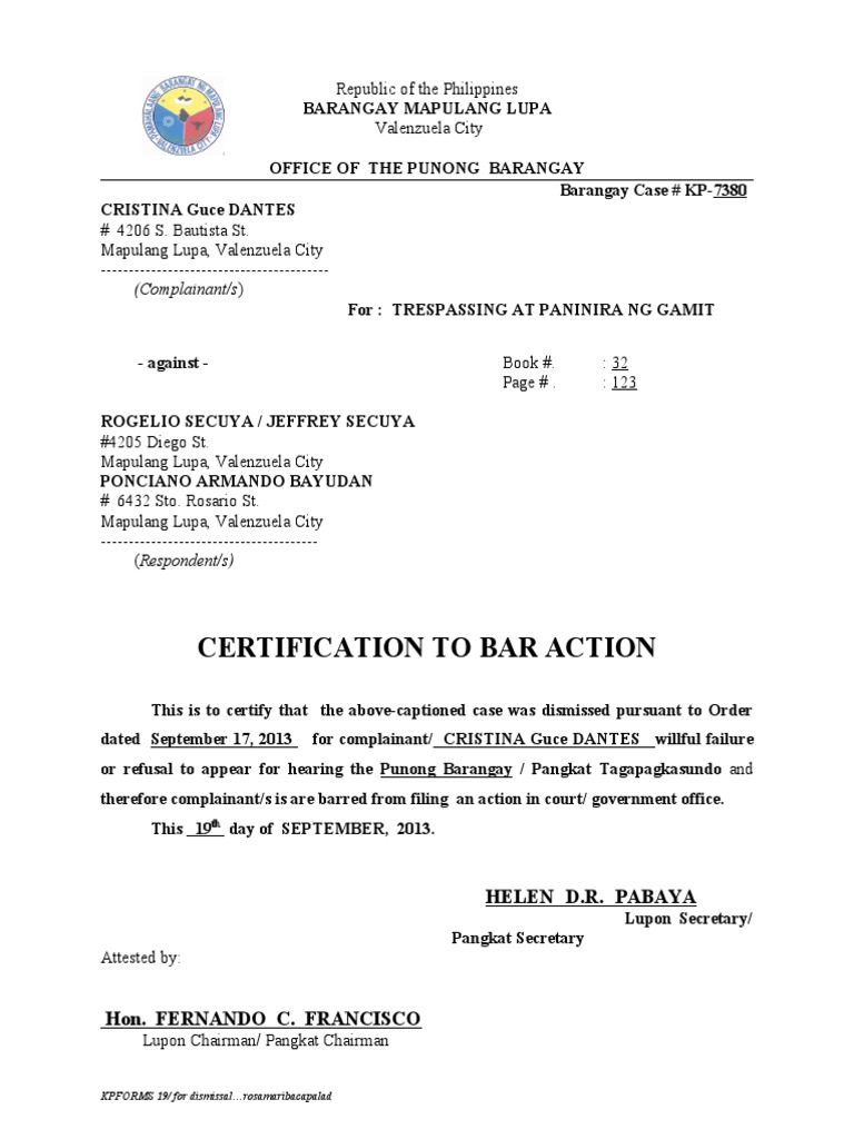 Certification To Bar Action | PDF | Philippines