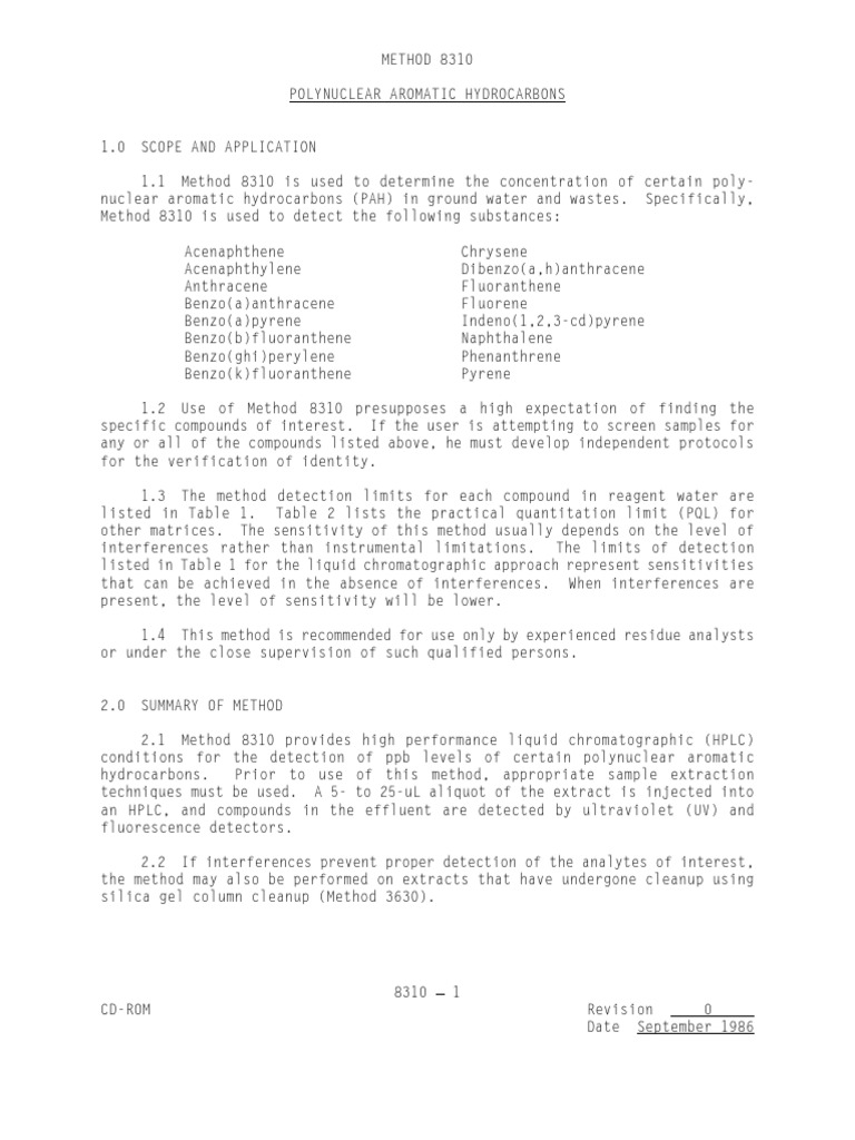 Method 8310 Polynuclear Aromatic Hydrocarbons (PAH) HPLC | Download ...