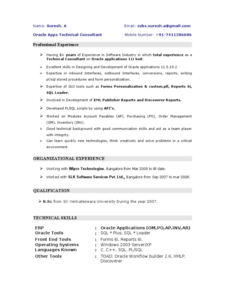 Oracle Apps Technical Consultant Resume | PDF | Oracle Database | Pl/Sql
