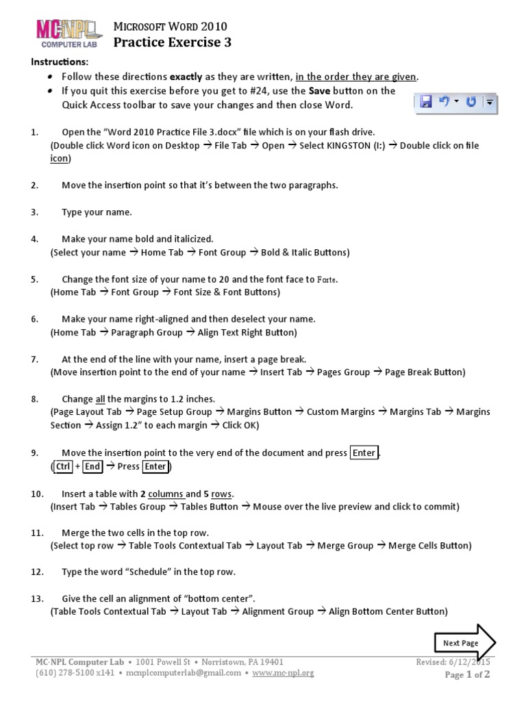 Word 2010 Practice Exercise 3 Instructions | PDF | Microsoft Word ...