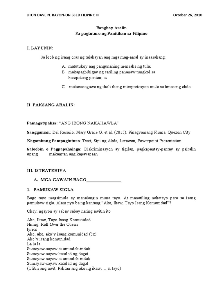 Banghay Aralin Sa Filipino para Sa Natatanging Gamit | PDF