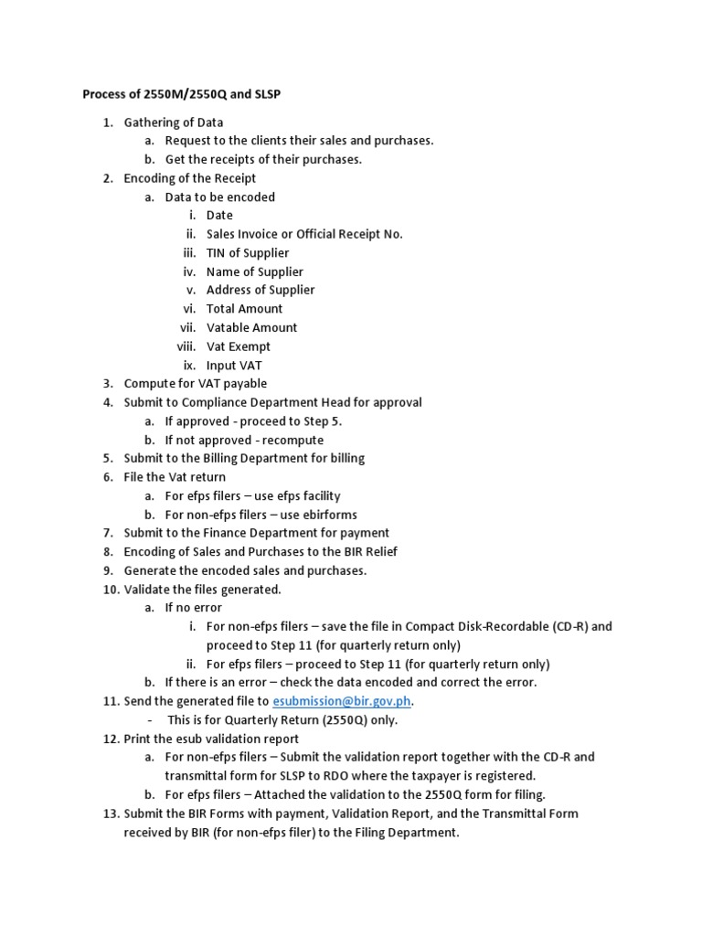 Process of 2550M/2550Q and SLSP: Esubmission@bir - Gov.ph | PDF