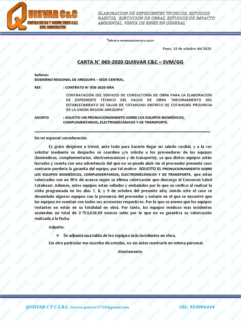 Carta #063-2020 Quisvar C&C - SVMGG | PDF | Salud y bienestar | Medicina