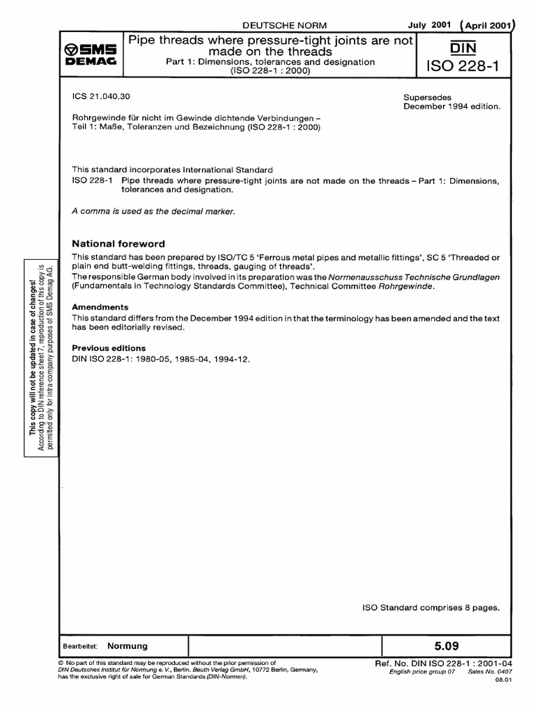 ISO 228-1:2000 Pipe Thread Standards | PDF