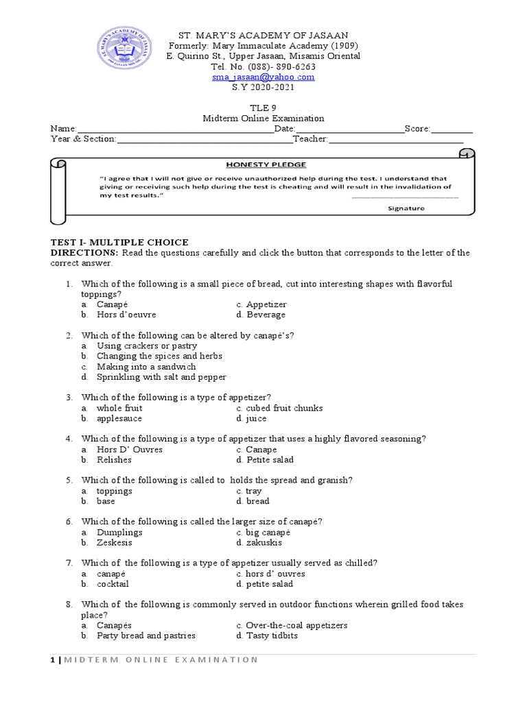 Test I-Multiple Choice DIRECTIONS: Read The Questions Carefully and ...