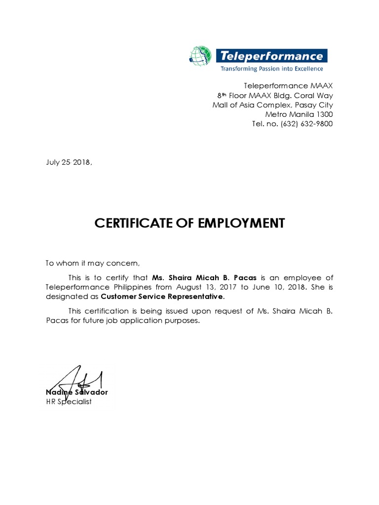 Teleperformance Certificate of Employment | PDF