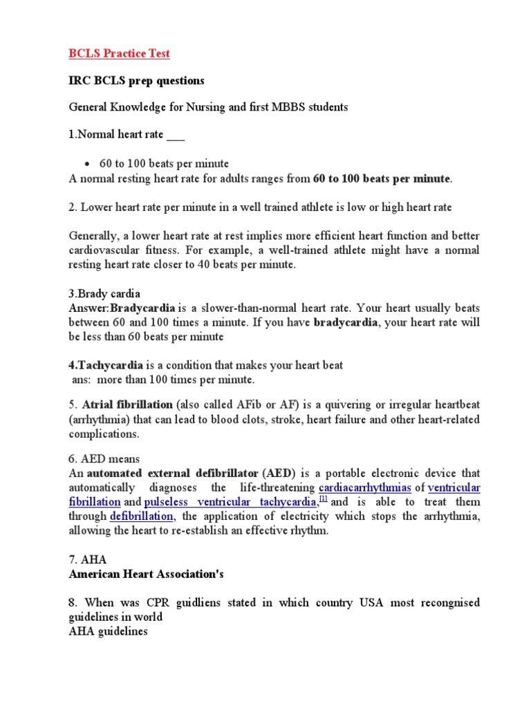 BCLS Practice Test for Nursing Students | PDF | Cardiopulmonary ...