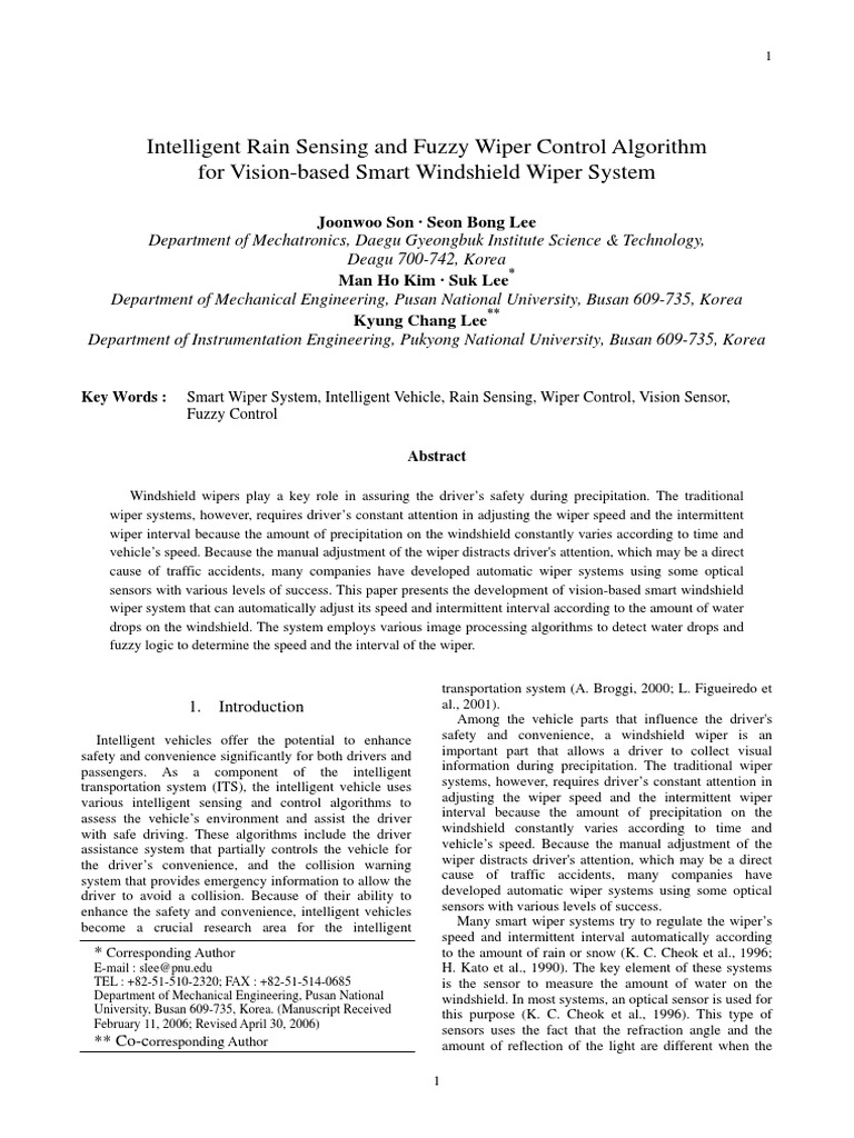Intelligent Rain Sensing and Fuzzy Wiper Control Algorithm For Vision ...
