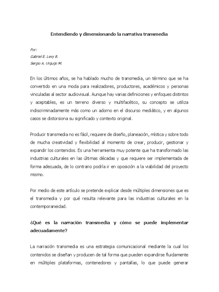 Entendiendo y Dimensionando La Narrativa Transmedia (PAPER) PDF | PDF ...