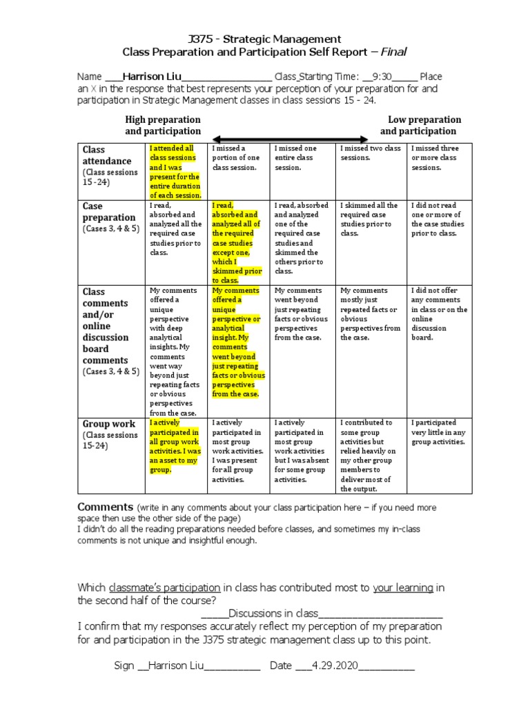 Class Participation Self Report (Final) (2018) | PDF | Cognition ...