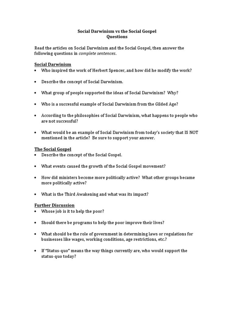 Debate Social Darwinism vs. Social Gospel Assignment | PDF