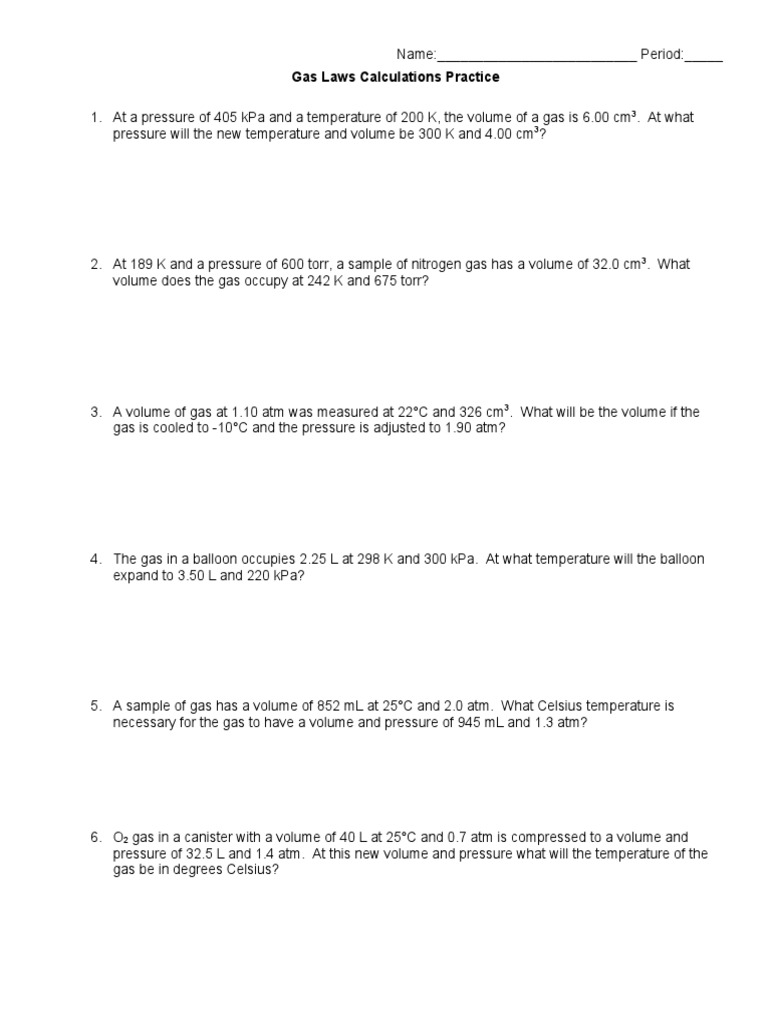 Gas Laws Calculations Practice Problems | PDF