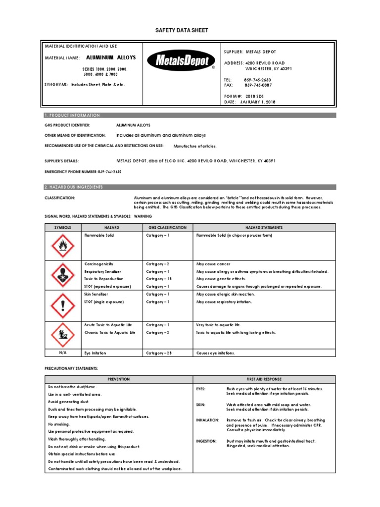 Safety Data Sheet: 1. Product Information | PDF | Magnesium | Aluminium
