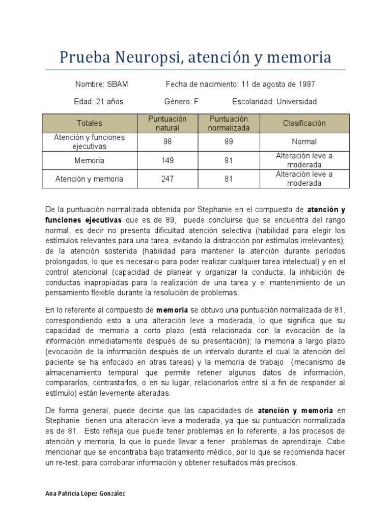 Prueba Neuropsi 2 | PDF | Memoria | Memoria de trabajo
