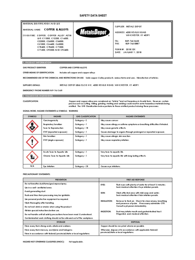 Safety Data Sheet: 1. Product Information | PDF | Dangerous Goods | Copper