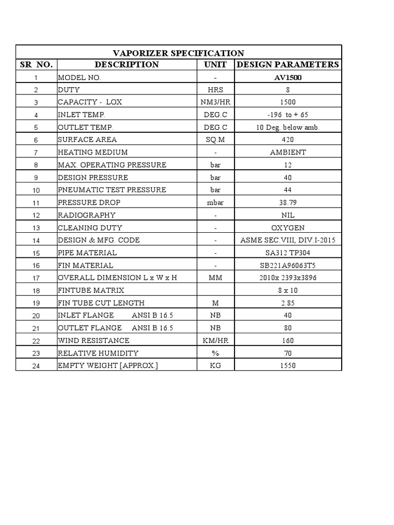 Vaporizer Specification SR No. Description Unit Design Parameters | PDF