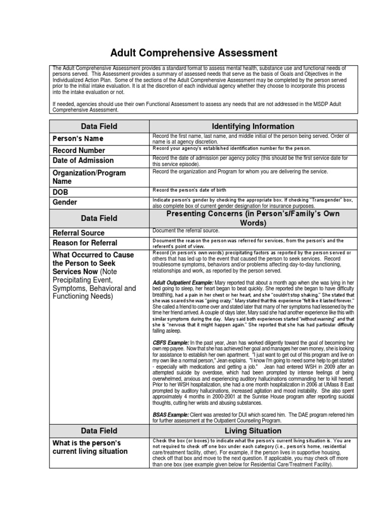 Adult Comprehensive Assessment: Data Field Identifying Information ...