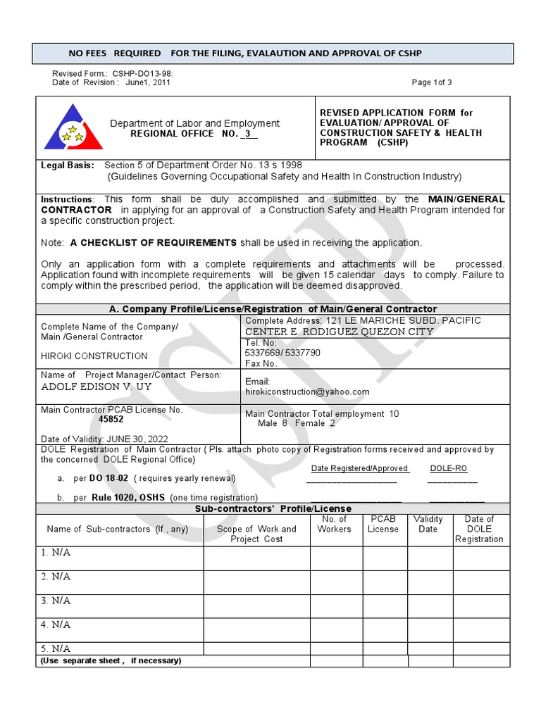 No Fees Required For The Filing, Evalaution and Approval of CSHP | PDF ...