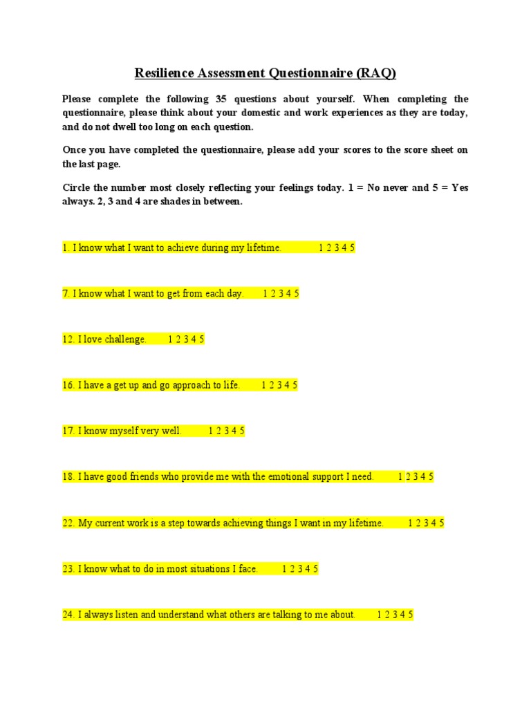 Resilience Assessment Questionnaire (RAQ) | PDF