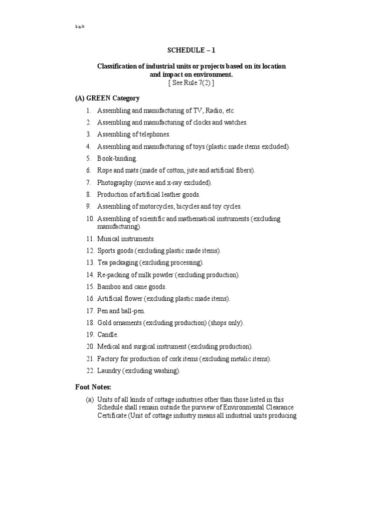 Schedule - 1 Classification of Industrial Units or Projects Based On ...