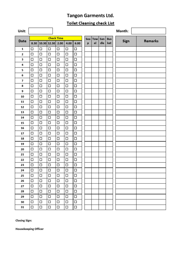 Toilet Cleaning Checklist Template | PDF