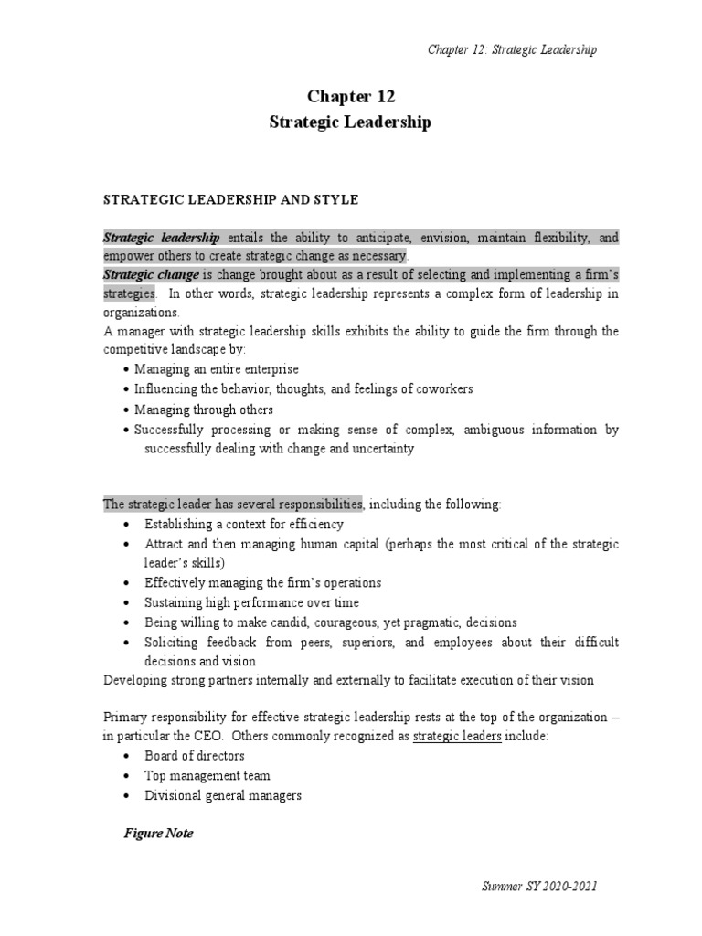 Chapter 12 Handout | PDF | Strategic Leadership | Competence (Human ...
