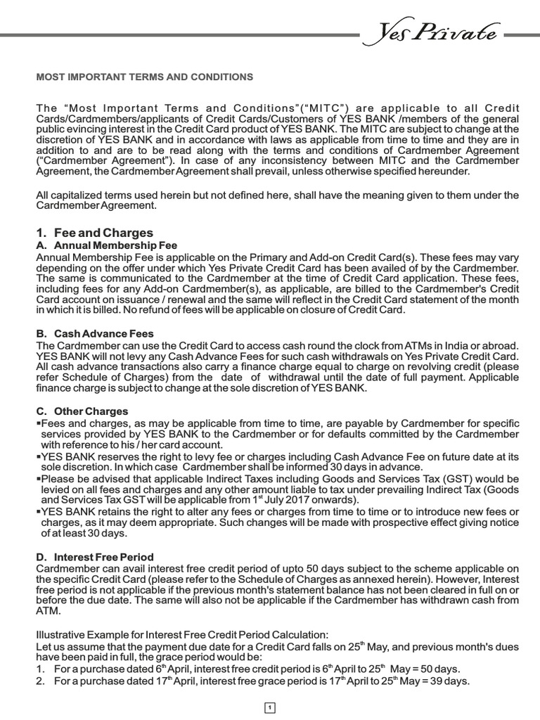 Yes Private Credit Card MITC PDF | PDF | Credit Card | Payments