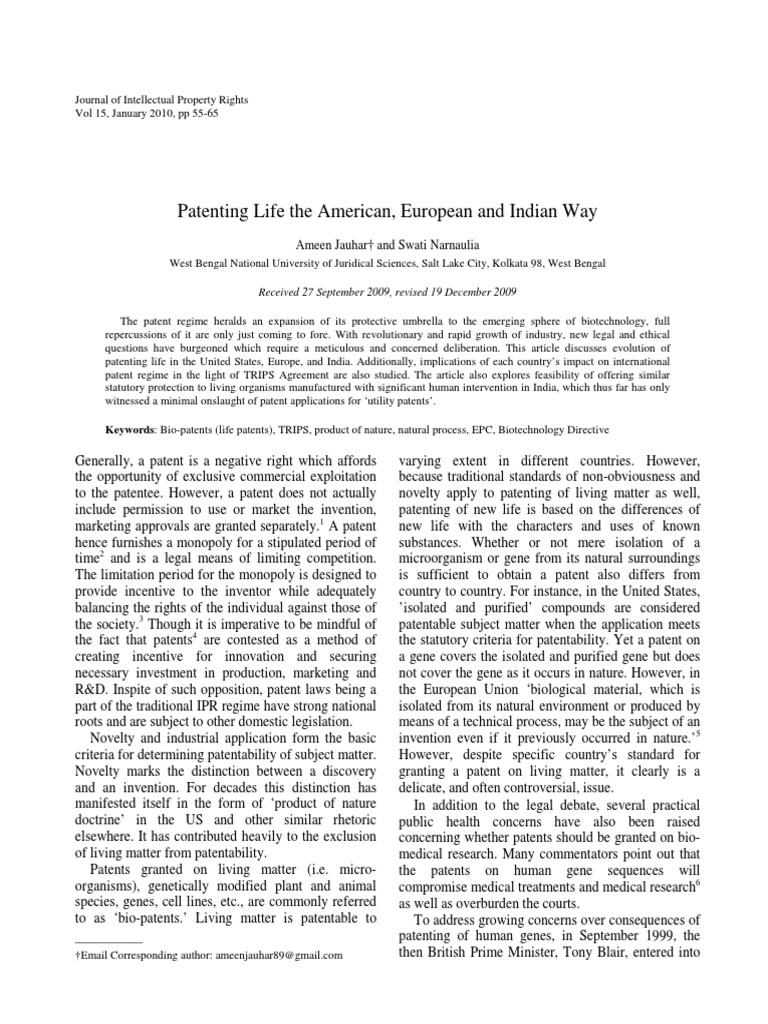 Patenting - Life in Us, Eu, India | PDF | Trips Agreement | Patent