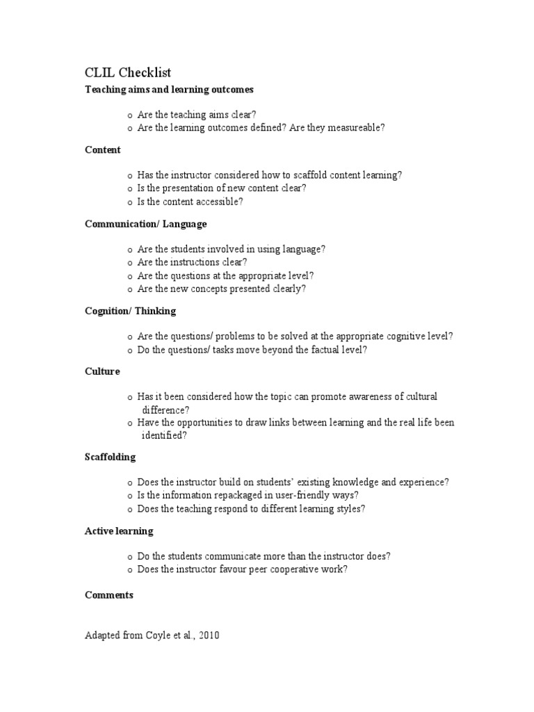 CLIL Checklist: Teaching Aims and Learning Outcomes | PDF