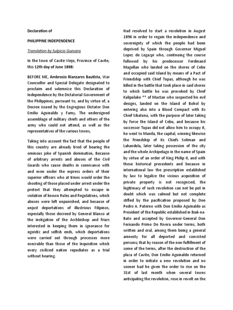 Philippine Declaration of Independence (English Translation) | PDF ...