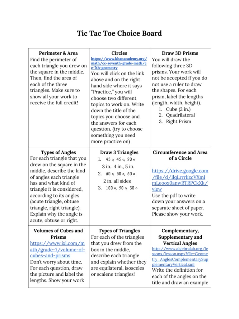 Tic Tac Toe Choiceboard | PDF | Triangle | Area