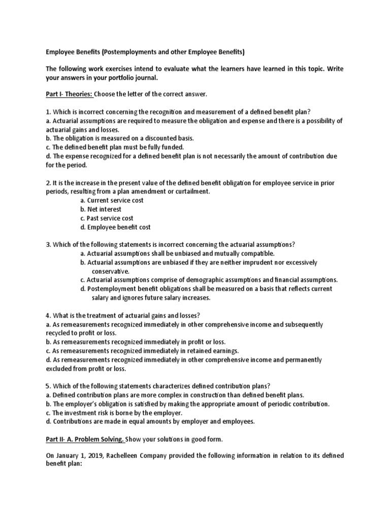Employee Benefits: Defined Benefit Plans Quiz & Problems | PDF ...