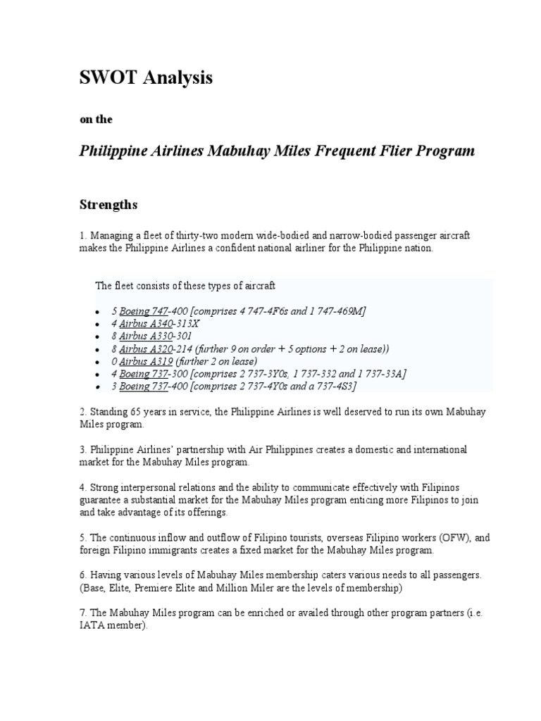 SWOT Analysis: Philippine Airlines Mabuhay Miles Frequent Flier Program ...