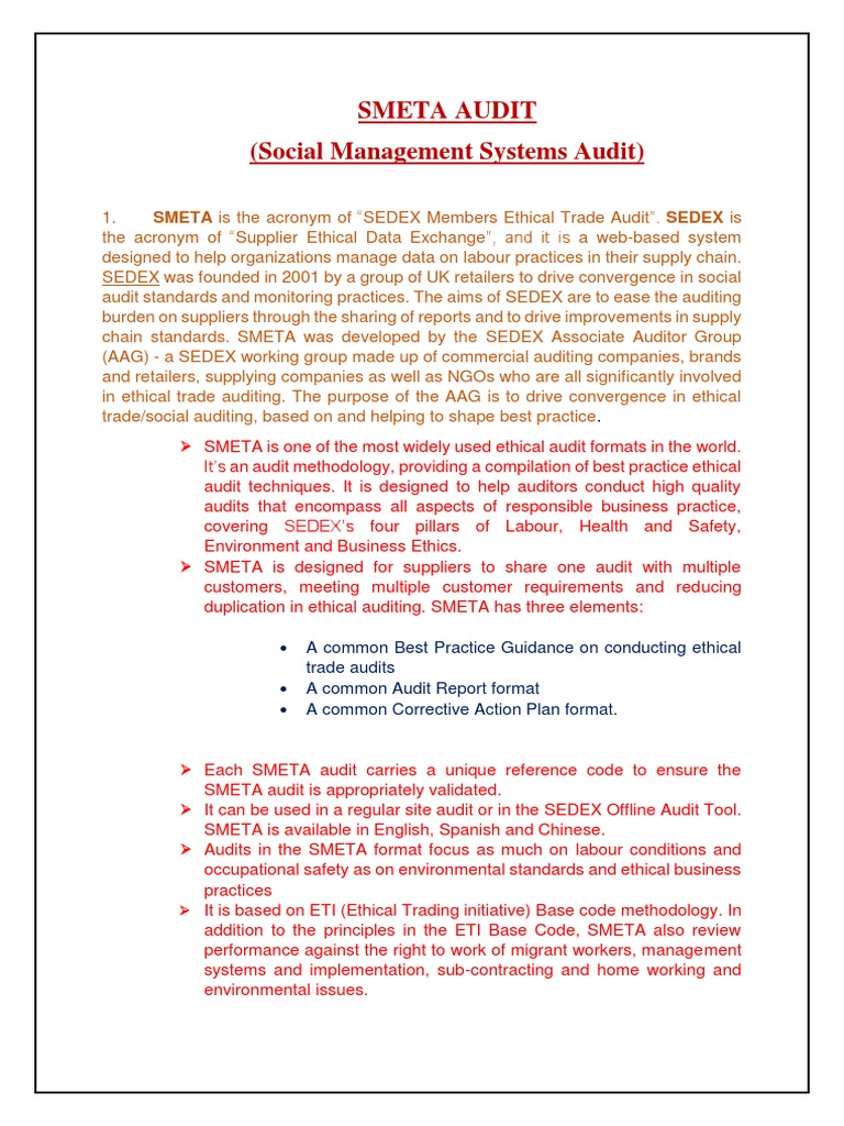 Smeta Audit (Social Management Systems Audit) : SMETA Is The Acronym of ...