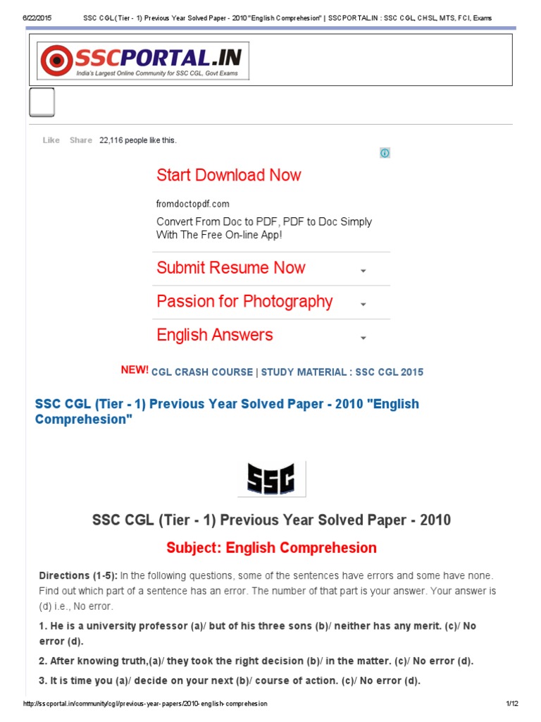 SSC CGL 2010 English Comprehension Paper | PDF | English Language